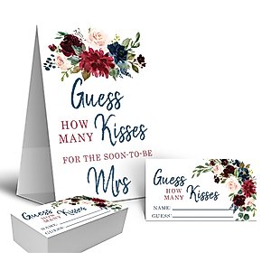 Your Main Event Prints Burgundy and Navy How Many Kisses Game Sign and Cards Great for Bridal Showers and Weddings, Neutral Floral