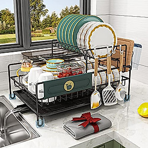 slhsy Removable Design 2 Tier Dish Drying Rack/Strainers with Drainboard, Swivel Spout, Cup & Utensil Holder and Drying Mat for Kitchen Counter, Black