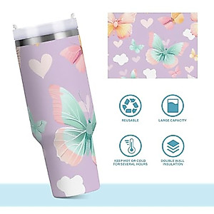 PaChyLuu 30 oz Insulated Tumbler with Handle and Straw Lid, Cute Butterflies Colorful Leak-Proof Stainless Steel Travel Coffee Mug for Car Cup Holder