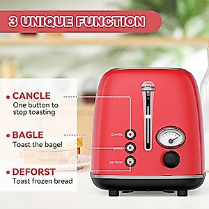 Toaster 2 slice,Retro Stainless Steel Toaster with 6 Settings, 1.5 In Extra Wide Slots, Bagel/Defrost/Cancel Function, Removable Crumb Tray (Red)