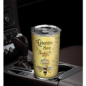 20oz Printed Jewelry Crystal Queen Bee Tumbler, Gifts for Bee Lovers, Coffee Thermos for Women, Stainless Steel Double Wall Vacuum Insulated Coffee Mug, Travel Cup with Lid