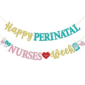 Happy Perinatal Nurse Week Banner, Pre-strung Perinatal Nurse Week Party Banner, Perinatal Nurse Appreciation Week Party Decorations, Blue Pink and Glitter