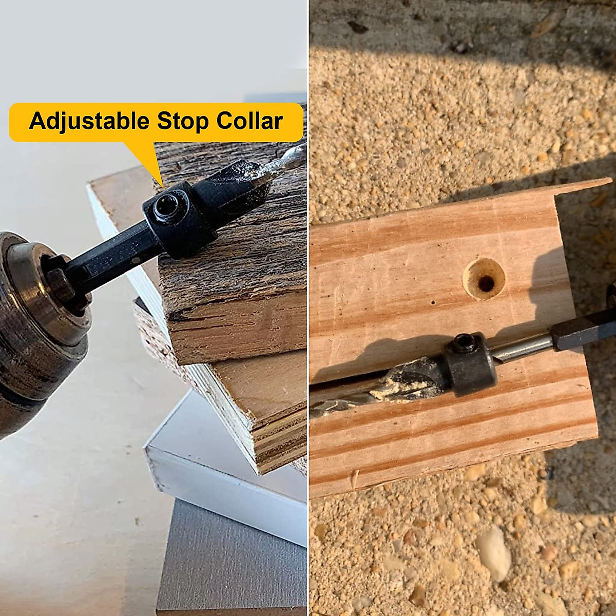 WEAVERBIRD Wood Countersink Drill Bit Set (5Pcs), #4, 6, 8, 10, 12 Tapered High Speed Steel Drill Bits with 1/4" Hex Shank, Depth Adjustable Stop Collar (3/8") and Hex Wrench (1/8" Allen key) included