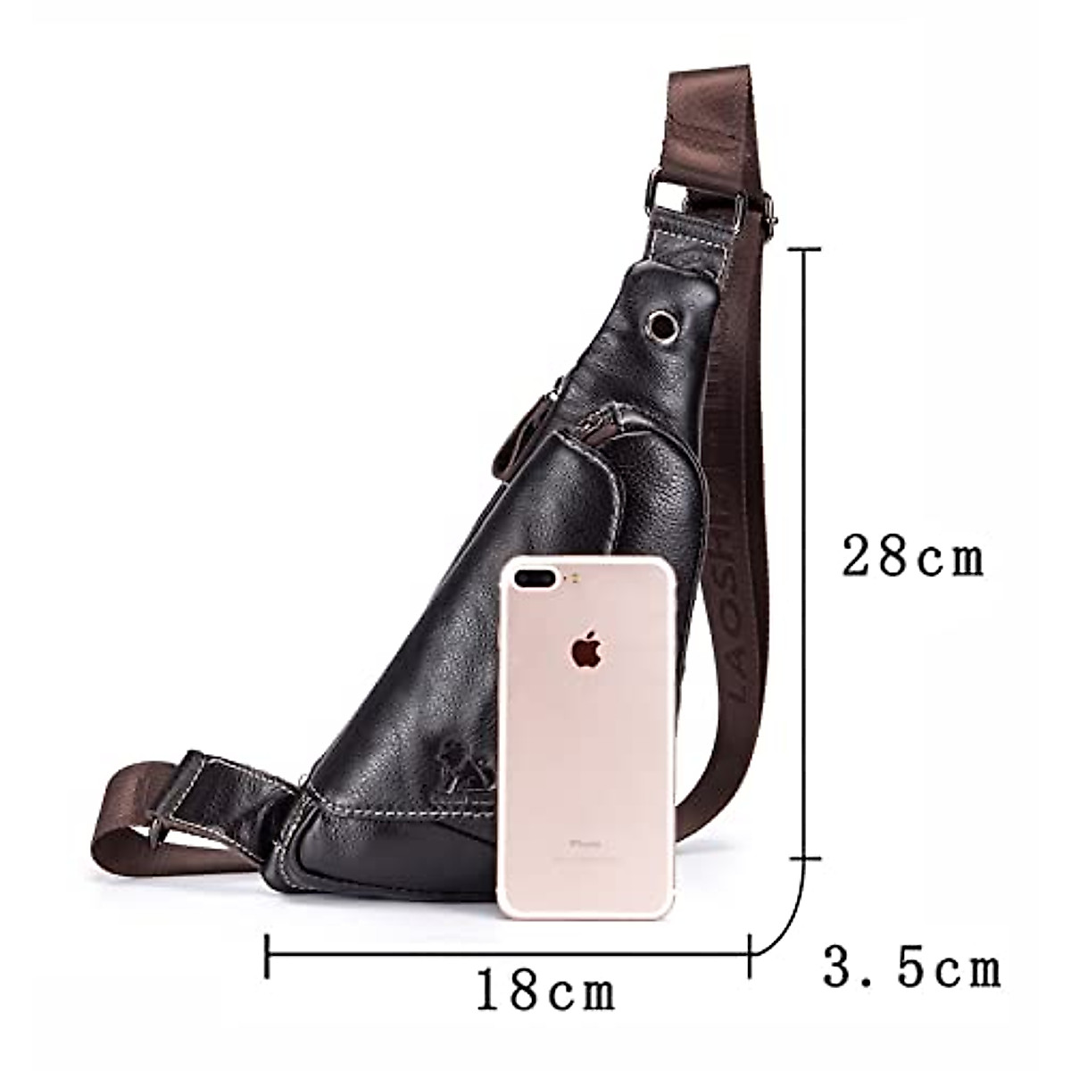 RC ROCKCOW Genuine Leather Sling Backpack Men's Leather Sling bag Triangle Crossbody Bags Multi-pocket Chest Bag Crossbody Daypack with Earphone Hole Casual Crossbody Shoulder Chest Daypack