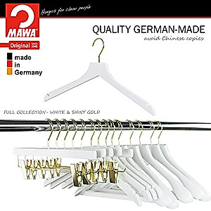 MAWA by Reston Lloyd, European Wooden Hanger, Beech Wood Straight Hanger with Shoulder Notches, Rotating Gold Hook, White Finish, for Shirts, Blazers, Dress Clothes Hanger, (27135)