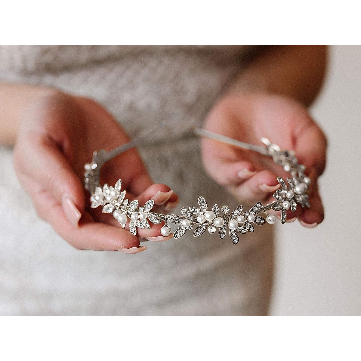 SWEETV Rhinestone Bridal Headband Silver Crystal Tiara for Women Pearl Wedding Headpieces for Bride Hair Accessories for Prom Birthday Party