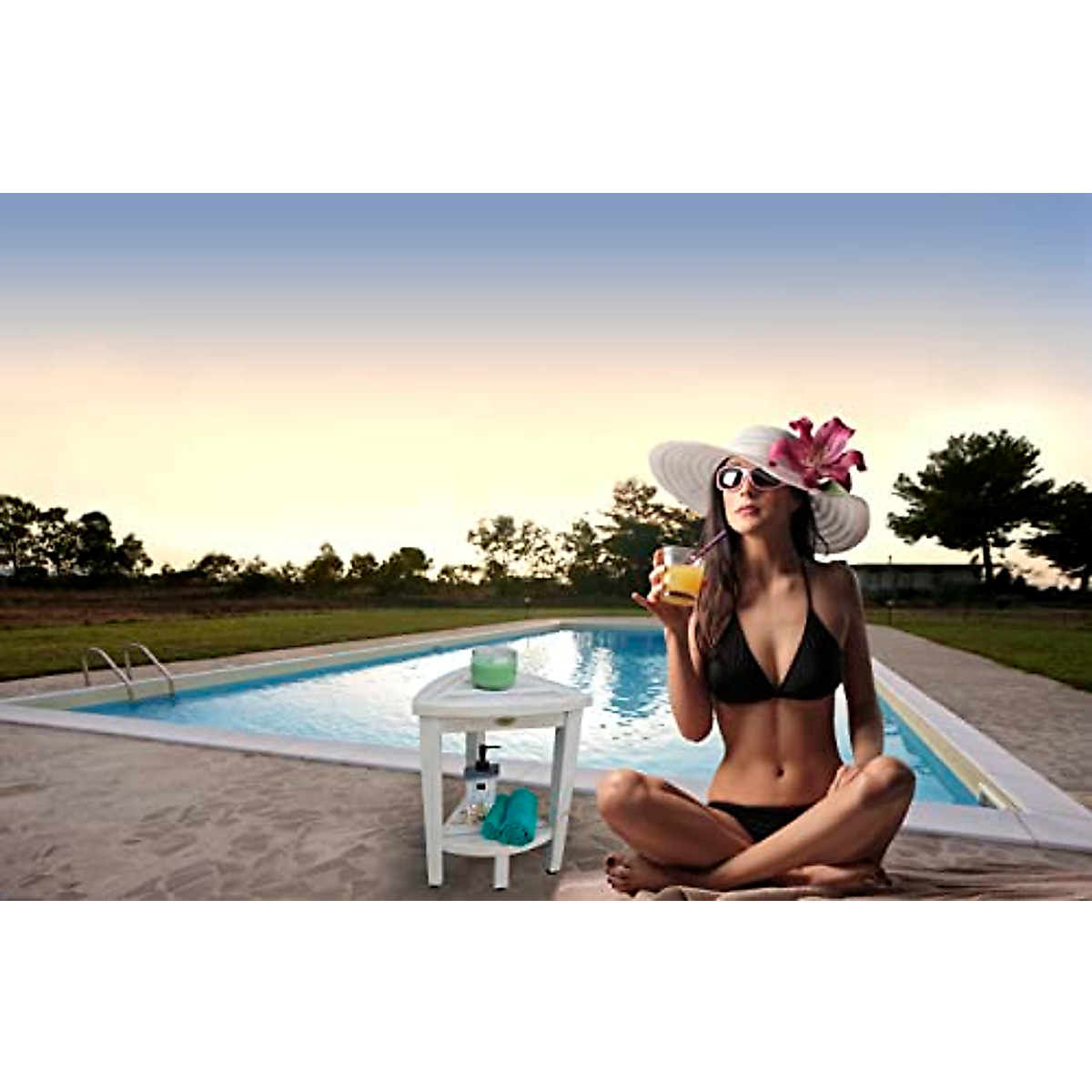 CoastalVogue Snazzy Corner Teak Shower Corner Bench Wood Corner Shower Seat Bench with Shelf 15" Wide Corner Shower Foot Stool in Antique White Finish