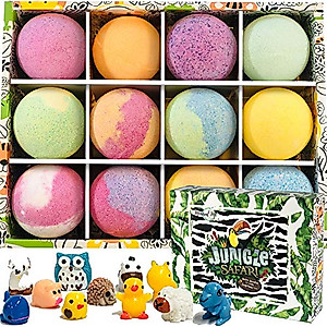 Bath Bombs for Kids with Toys Inside - Set of 12 Organic Bubble Bath Fizzies with Jungle Animal Toys. Gentle and Kids Safe Spa Bath Fizz Balls Kit. Birthday, Valentines Gift for Boys, Girls