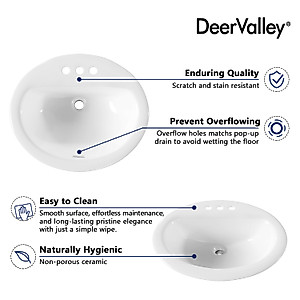 Bathroom Vessel Sink, DeerValley, 20”x17” Oval Ceramic Drop-in Sink for Bathroom White Vessel Sink Modern Art Basin Bathroom Sink with Overflow and Three Faucet Holes at 1.25”, DV-1DS0120