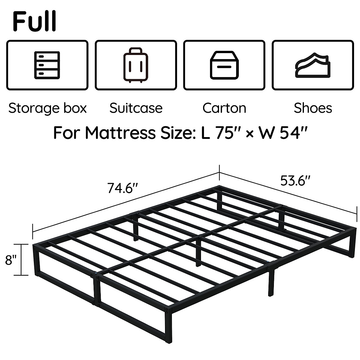 Richwanone 8 Inch Bed Frame Full Metal Platform Mattress Foundation with Steel Slat Support, No Box Spring Needed, Easy Assembly, Black