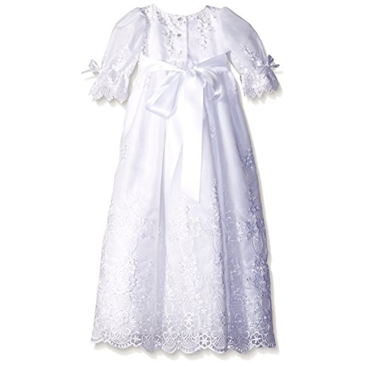 Swea Pea & Lilli Long White Embroidered Organza Baby Girl Christening Baptism Special Occasion Newborn Dress Gown with Matching Hat - L (12-18 Month, 18-22 lbs)