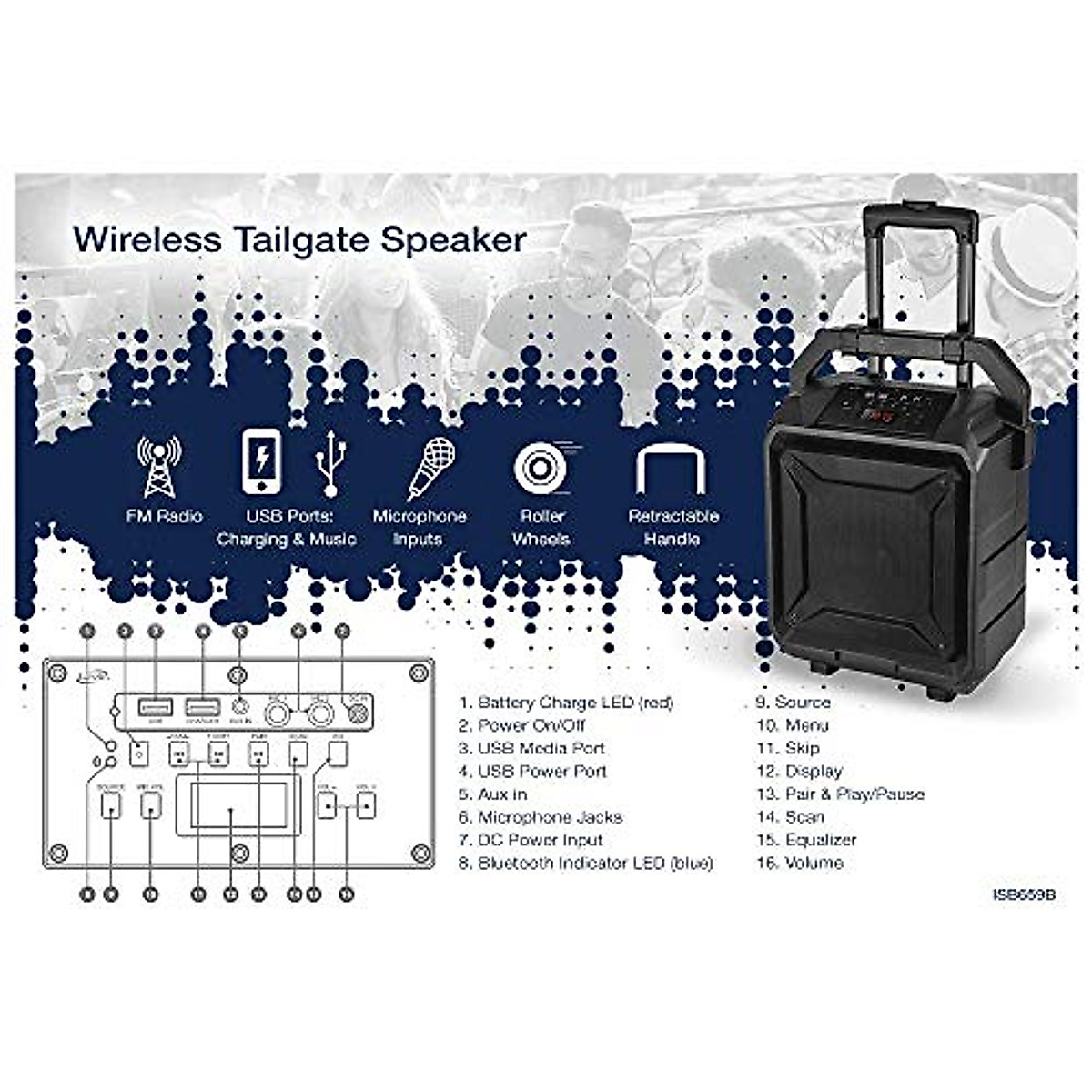 iLive ISB659B Wireless Tailgate Party Speaker, with Built-in Rechargeable Battery and Roller Wheels, Black