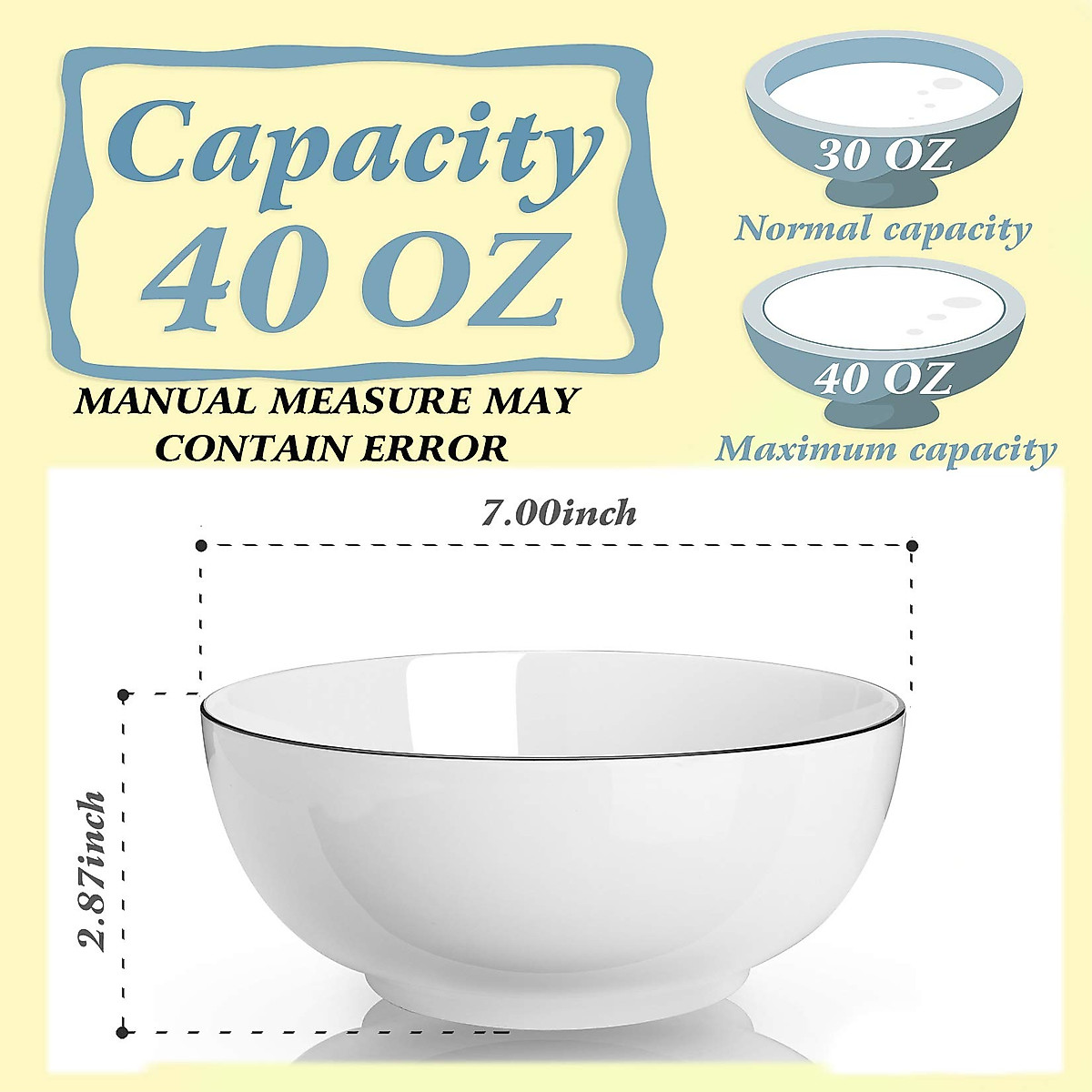 TGLBT Salad Bowls 40 Ounce Porcelain Soup Serving Pasta Bowl Set, White, Stackable, 3 Packs