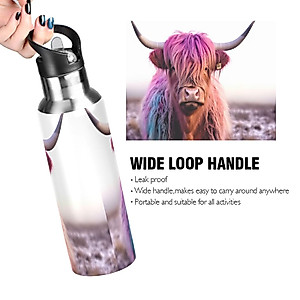 xigua Highland Cow Colorful Dyed Hair Sports Water Bottle with Straw Lid 22 oz, Leak Proof, Vacuum Insulated Stainless Steel, Double Walled, Thermo Mug, Metal Canteen