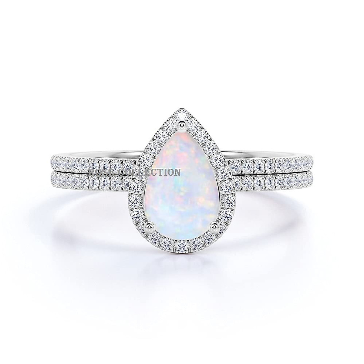 Rosie Collection Pear Shaped Halo Engagement Promise Wedding Bridal Anniversary 925 Sterling Silver Ring Band Set Created-Opal 9