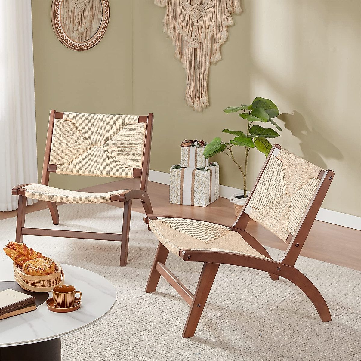 Soohow Braided Jute Woven Weave Seat Beige Modern Boho Living Room,Bedroom Reading Mid Century Accent, Set of 1, Paper Rope/Latte Beech Chair