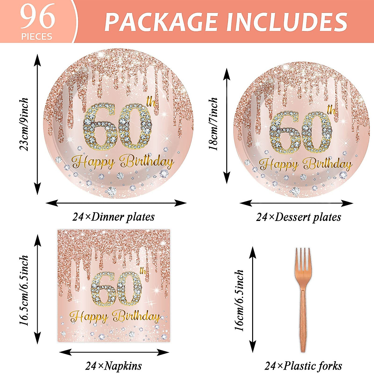 96 Pieces 60th Birthday Tableware Set for Pink Rose Gold 60th Birthday Table Decorations Supplies Pink Rose Gold Happy 60 Birthday Dessert Plates Napkins Forks for 24 Guests Women Birthday Supplies