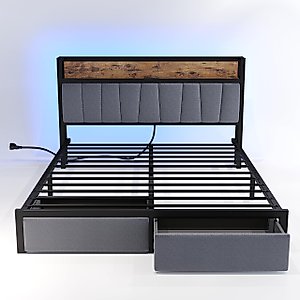 IETEBHHAS LED Queen Size Bed Frame with Headboard Storage Drawers, Smart Queen Bed Frames with Charging Station USB, Upholstered Platform Bed Frames Queen Size, Grey