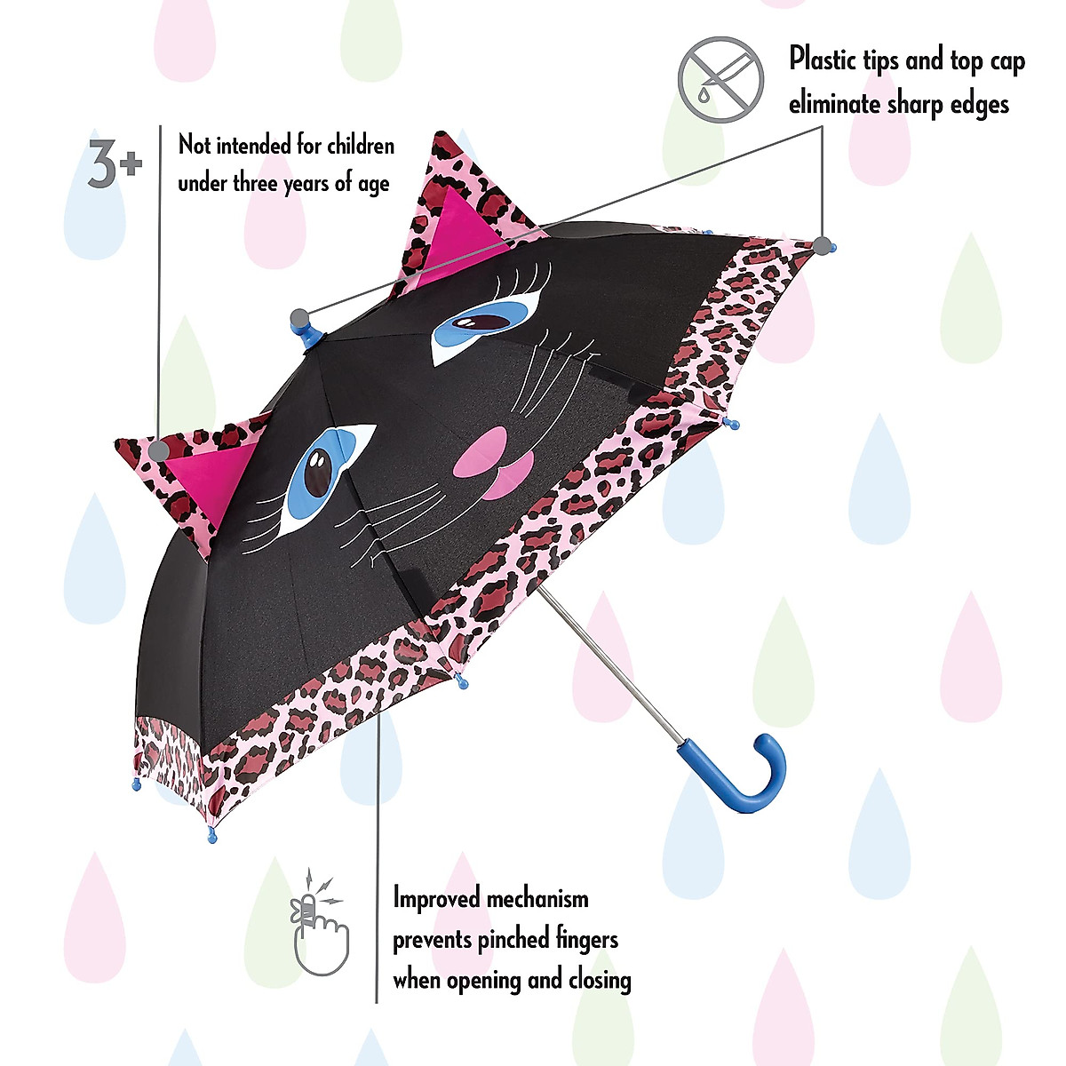 ShedRain Kids Umbrella for Girls & Boys - Pinch-Proof, Easy Grip Handle - Compact Children's School & Travel Umbrella with Large 38" Dome, Heavy Duty Steel Shaft & Fiberglass Ribs (Riley Cat)