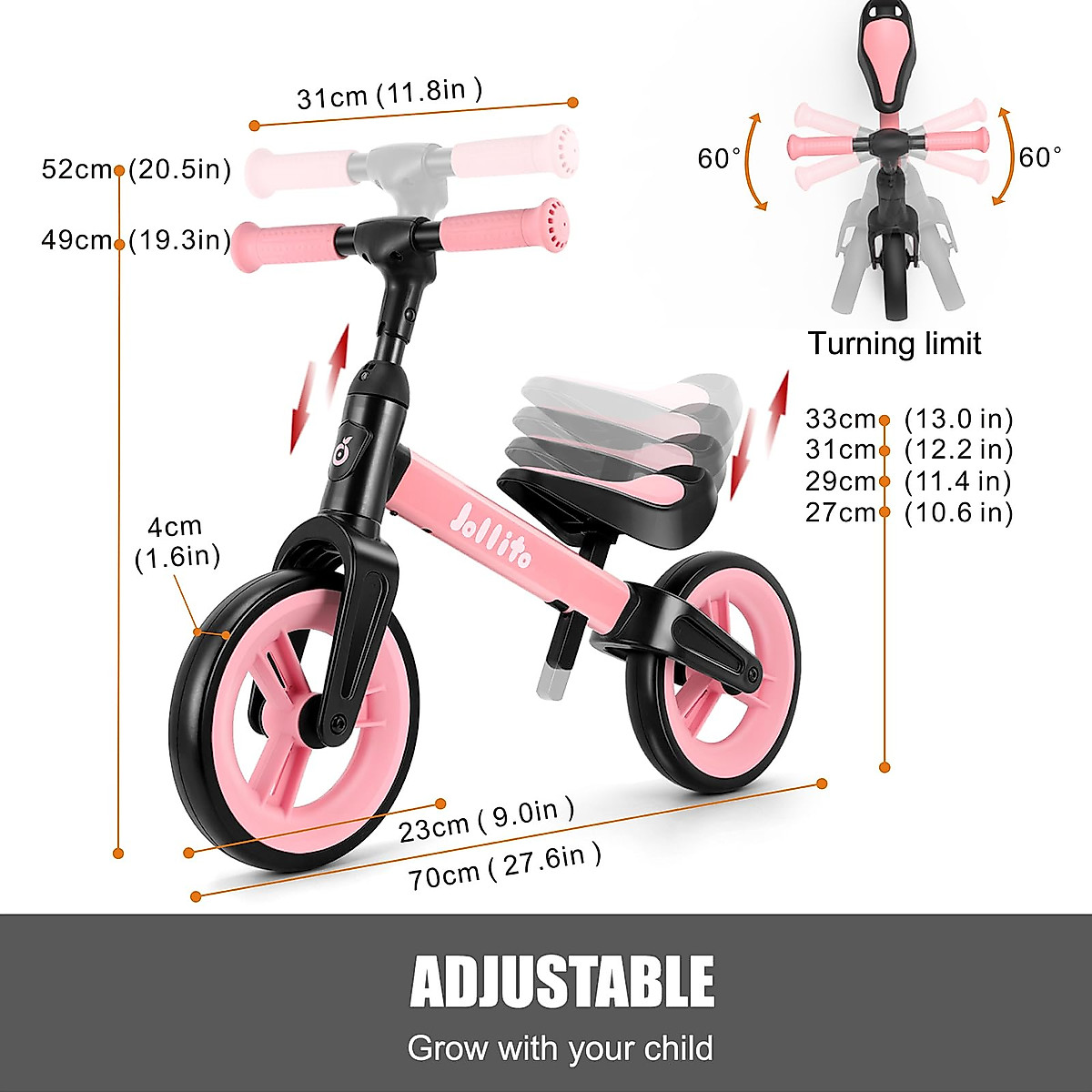 JOLLITO Toddler Balance Bike for 18 Months, 2, 3, 4 Years Old Girl Boy, Adjustable Seat and Handlebar, 9 Inch Wheel, Aluminium Frame, Best Gifτ for Beginners