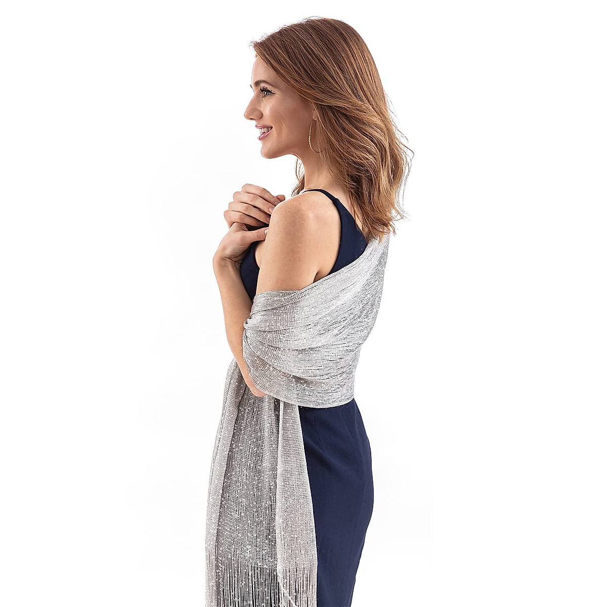 ShineGlitz Shawls and Wraps for Evening Dresses, Metallic Glitter Shawls for Women, Sparkling Wedding Metallic Silver Shawl Gift