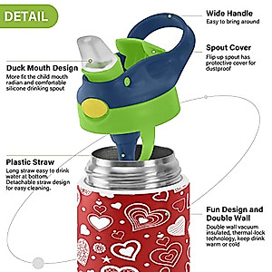 12 oz Kids Water Bottle, Valentine's Day Heart Stainless Steel Vacuum Insulated Flask with Straw Lid Double Wall Leakproof Thermos Reusable Toddlers Tumbler for School Girls Boys