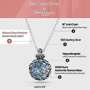 Paz Creations Women's 925 Sterling Silver Roman Glass Patina Pendant - Artisan Handcrafted Natural Organic Necklace, Handmade Jewelry Gift For Her
