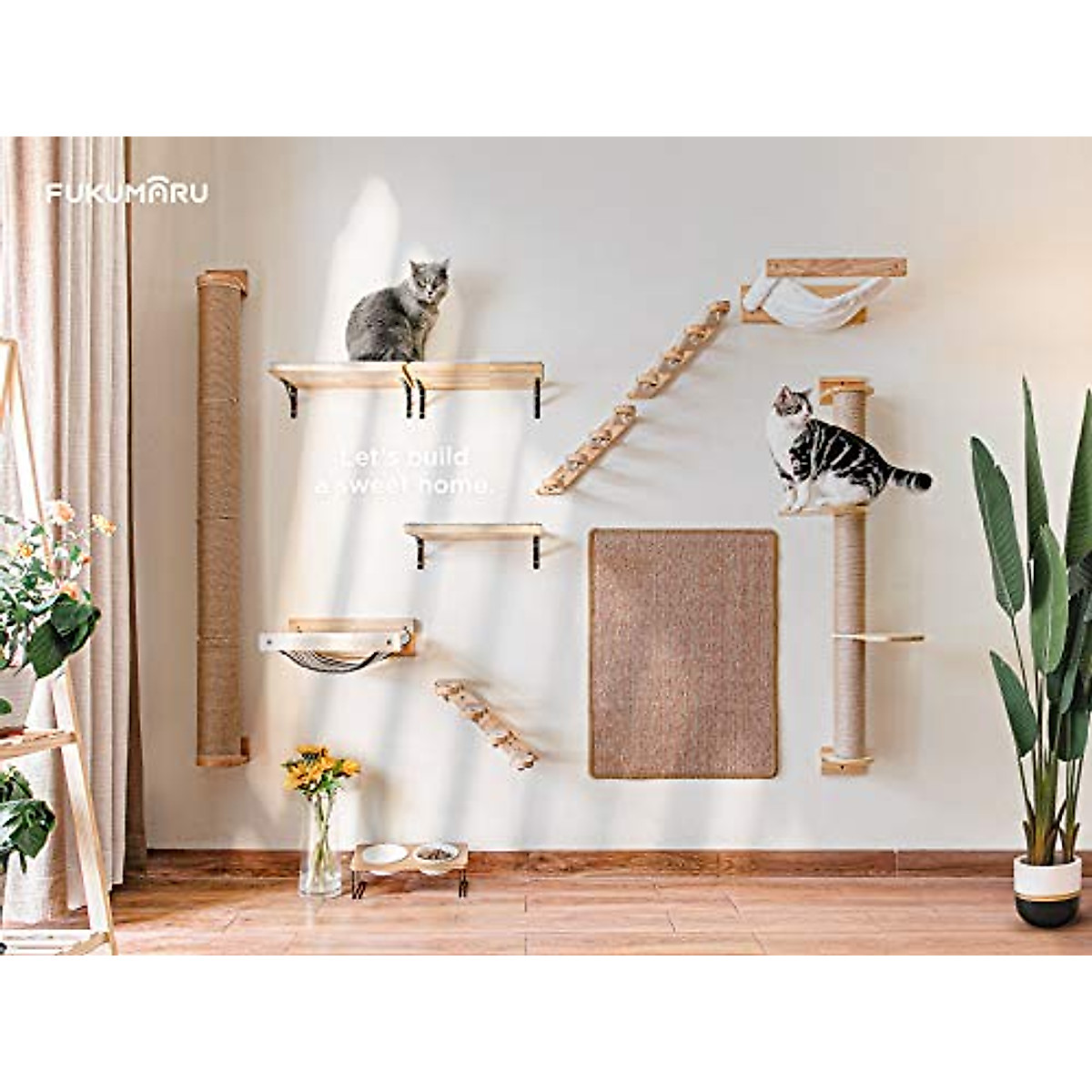 FUKUMARU Cat Climbing Shelf Wall Mounted, Four Step Cat Stairway with Jute Scratching for Cats Perch Platform Supplies