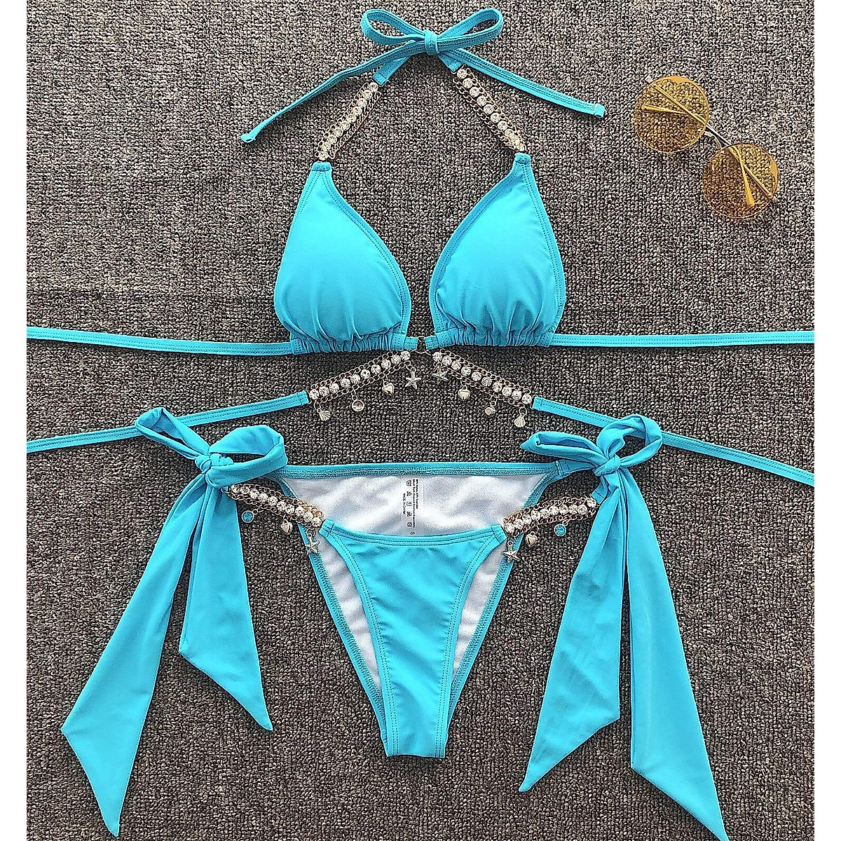 BIKINX Women's Sexy Thong Bikini Diamond Tie Side Bottom Blue Triangle Bikini Halter Swimsuits