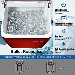 COSTWAY Ice Maker Countertop with Self-cleaning Function, Make 44 Lbs Ice in 24 Hours, Ice Cubes Ready in 8.5 Mins, Ideal for Bar Home and Office, Portable Ice Machine with Ice Scoop and Basket, Red