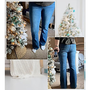 KDF Women's Fleece Lined Jeans Flare Bell Bottom Jeans Winter Super Warm Thick Fleece Denim High Waisted Stretch Jeans Fleece Pants 14,Dark Blue