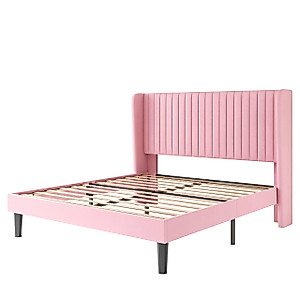 SHA CERLIN Full Size Velvet Bed Frame with Vertical Channel Tufted Wingback Headboard, Upholstered Platform Bed with Wood Slats, No Box Spring Needed, Easy Assembly, Pink