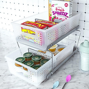 madesmart 2-Tier Organizer Slide-Out Baskets with Handles, Space Saving, Multi-Purpose Storage & BPA-Free, Large, Frost-with Dividers