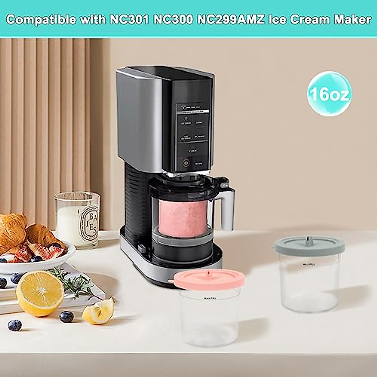 YQL Creami Pint Containers with Silicone Lids Replacement for Ninja Creami Pints and Lids,16oz Cups Compatible with NC301 NC300 NC299AMZ Series Ice Cream Maker,Dishwasher Safe&Leakproof(2 Pack)