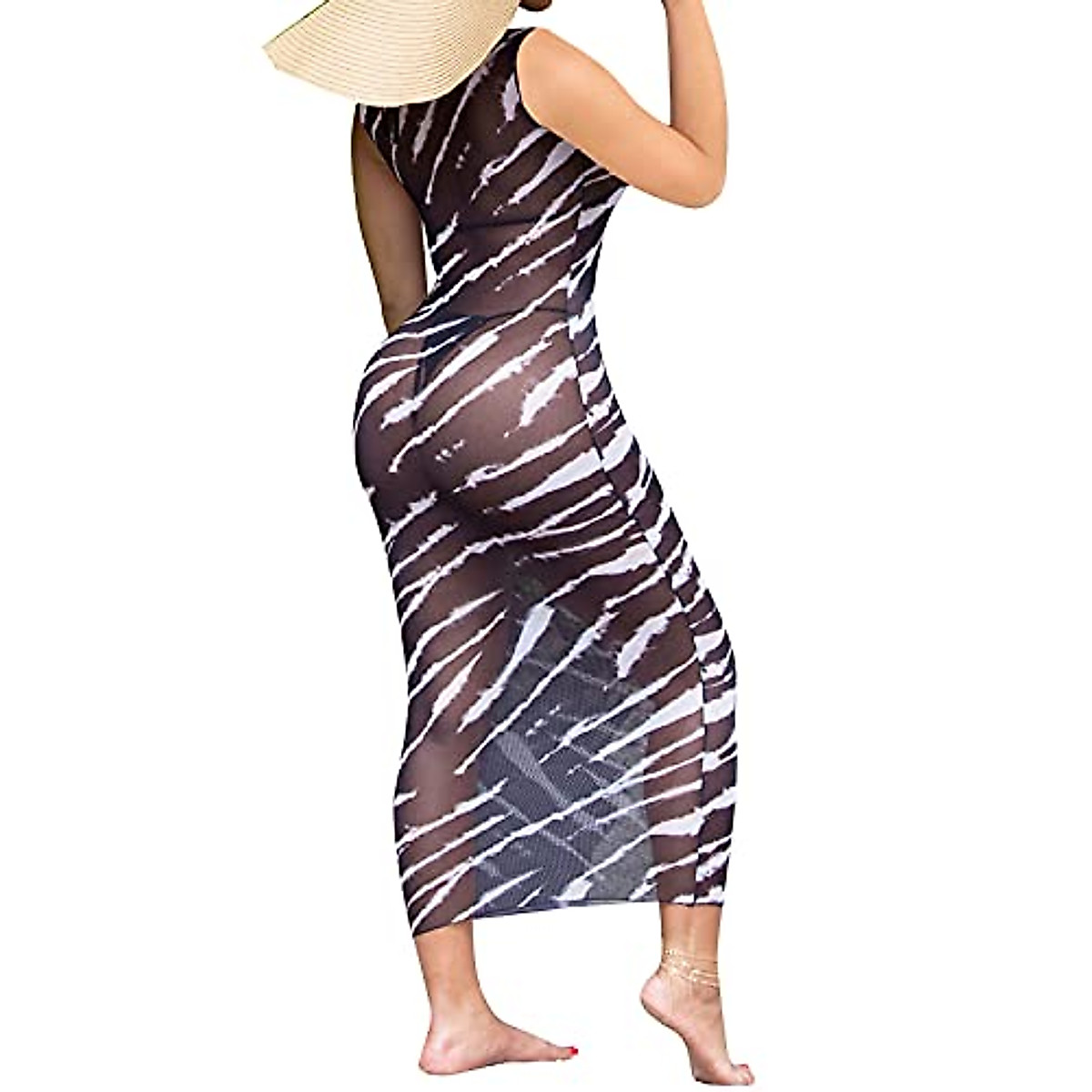 Uni Clau Women's Sexy See Through Sleeveless Dress Sheer Mesh Zebra Printed Midi Bodycon Sleeveless Dress Cover Up Clubwear Party Dresses Zebra XL