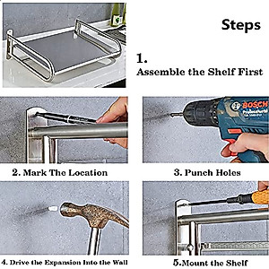 QUNIMA Microwave Shelf Wall Mount w/6 Hook, Microwave Hanging Kit, 22'' Stainless Steel Storage Shelves for Kitchen/Bathroom (Black/Weight 120 lbs)