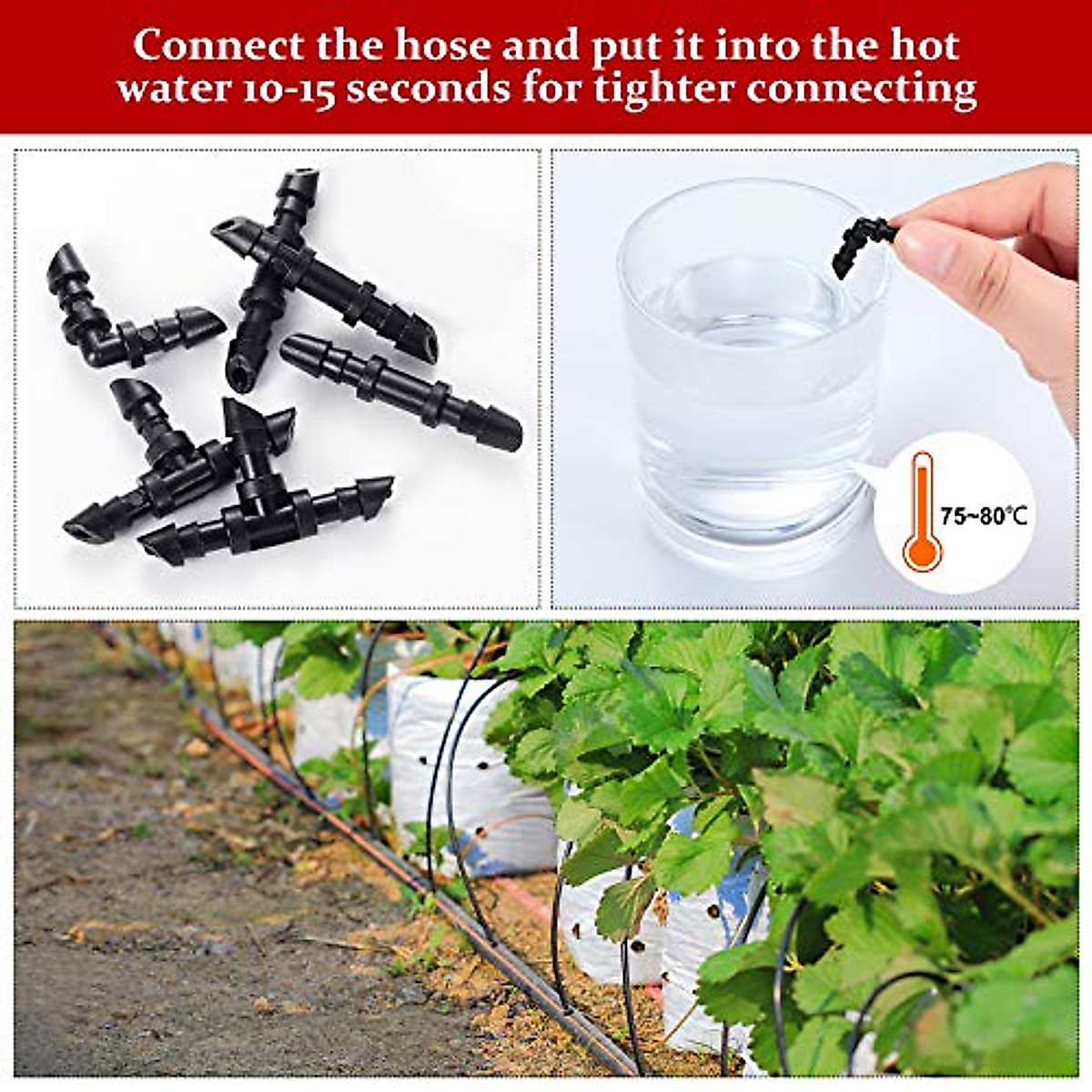 Zonon 240 Pieces Drip Irrigation Fittings Kit for 1/4 Inch Tubing, 80 Barbed Couplings, 80 Tee Fittings, 80 Elbows, Barbed Connectors with Plastic Box for Garden Lawn Drip or Sprinkler Systems, Black