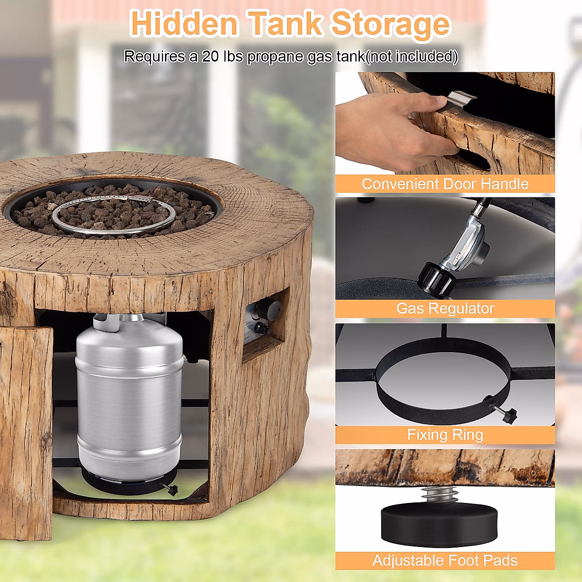 Tangkula 50,000 BTU Gas Fire Pit Table, Patiojoy 40” Round Propane Firepit with Removable Lid, Volcanic Rock & PVC Cover, Outdoor Fire Pit Table with Wood-Like Surface for Patio, Backyard