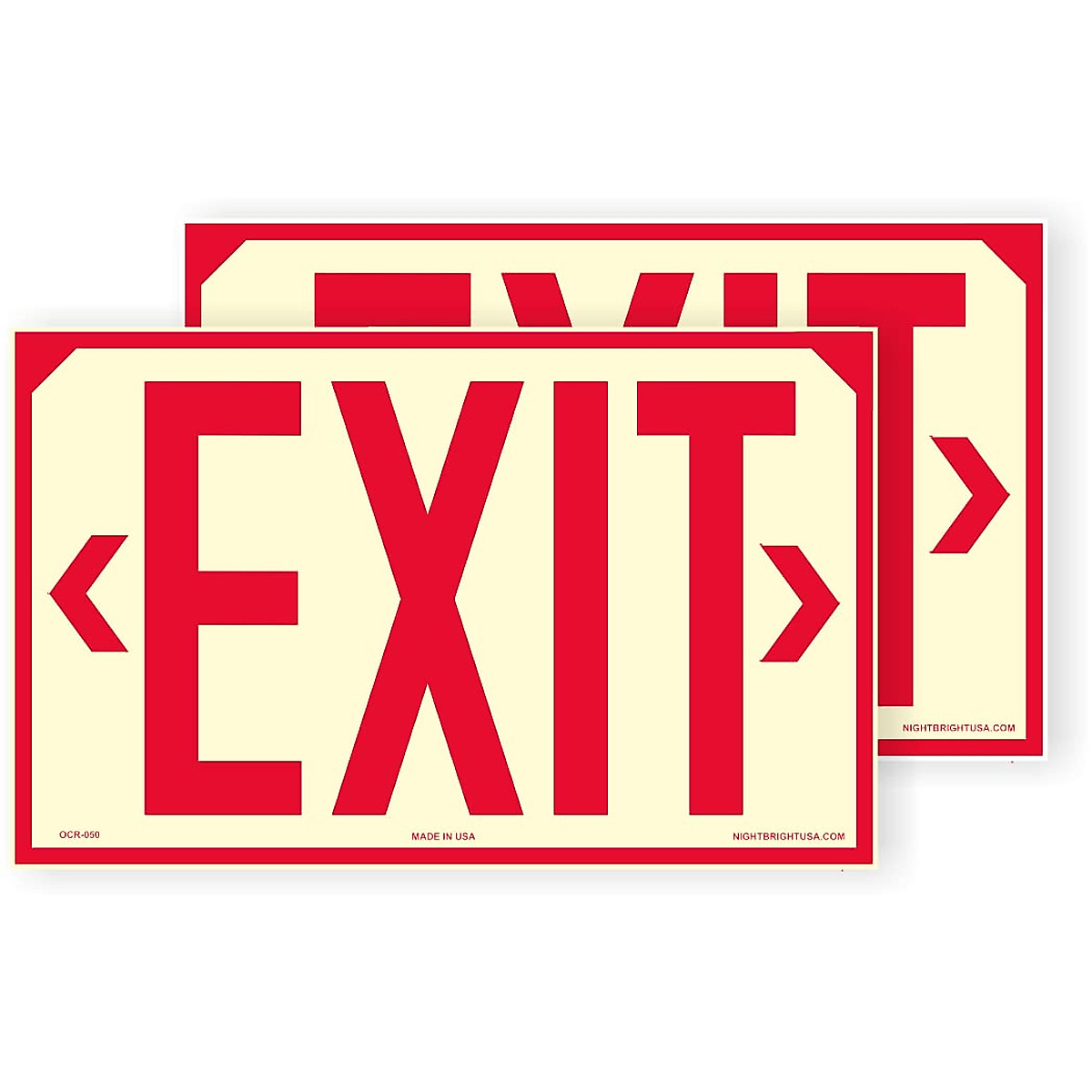 OSHA Photoluminescent Exit Sign | Pack of 2 | UV Inks on Aluminum | HEAT Resistant | COLD Tolerant | WEATHER Proof. NightBright USA Part: OCR-050 II