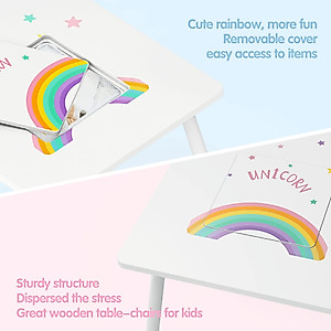 labebe Kids Table and Chair Set, Toddler Table and Chair Set for 3-6 Year Old, Kids Play Table Set with Center Mesh Storage, Wooden Baby Table with 2 Kids Chairs, Kids Furniture, Pink Unicorn