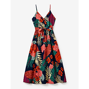 PATPAT Family Matching Outfits Mommy and Me Dresses Matching Set Tropical Floral Palm Leaf Print Sun Maxi Dresses Matching Hawaiian Outfits for Couples Vacation Beach Red Floral Outfit for Women M