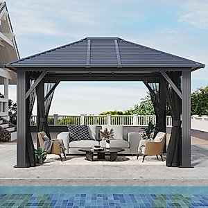 GARTOO 10' x 12' Patio Hardtop Gazebo - Outdoor Metal Hard Top with Breathable Mesh, Galvanized Steel Top Gazebo for Garden, Lawn, Outdoor Party (Black)