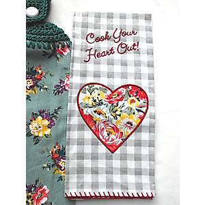 THE PIONEER WOMAN SWEET ROMANCE KITCHEN TOWEL SET - 2 HANGING TOWELS + COOK YOUR HEART OUT TOWEL