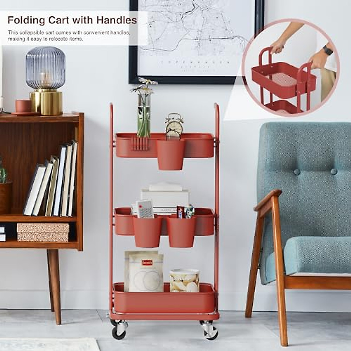 DTK 3 Tier Foldable Rolling Cart, Metal Utility Cart with Lockable Wheels, Folding Storage Trolley for Living Room, Kitchen, Bathroom, Bedroom and Office, Red