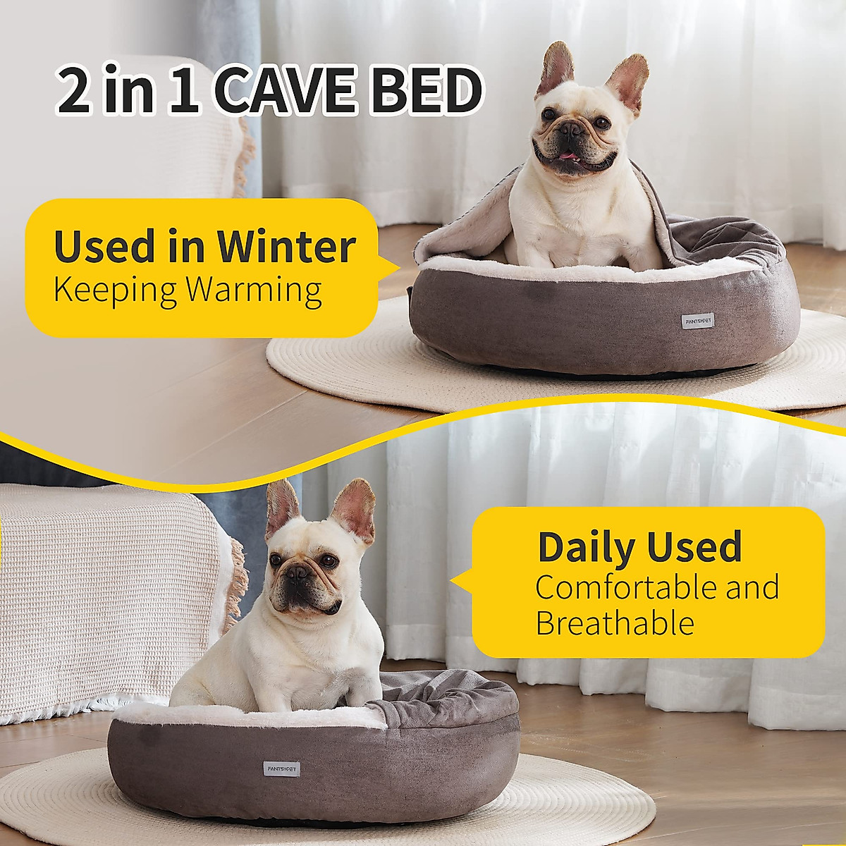 FANTSYPET Dog Bed & Cat Beds, Warming Soft Dog Beds with Blanket Attached, Dog Bed for Small and Medium Dogs, Cozy Donut Dog Bed Plush Hooded Calming Cuddler, Calming Cave Dog Bed, Camel, (23 x 23 in)
