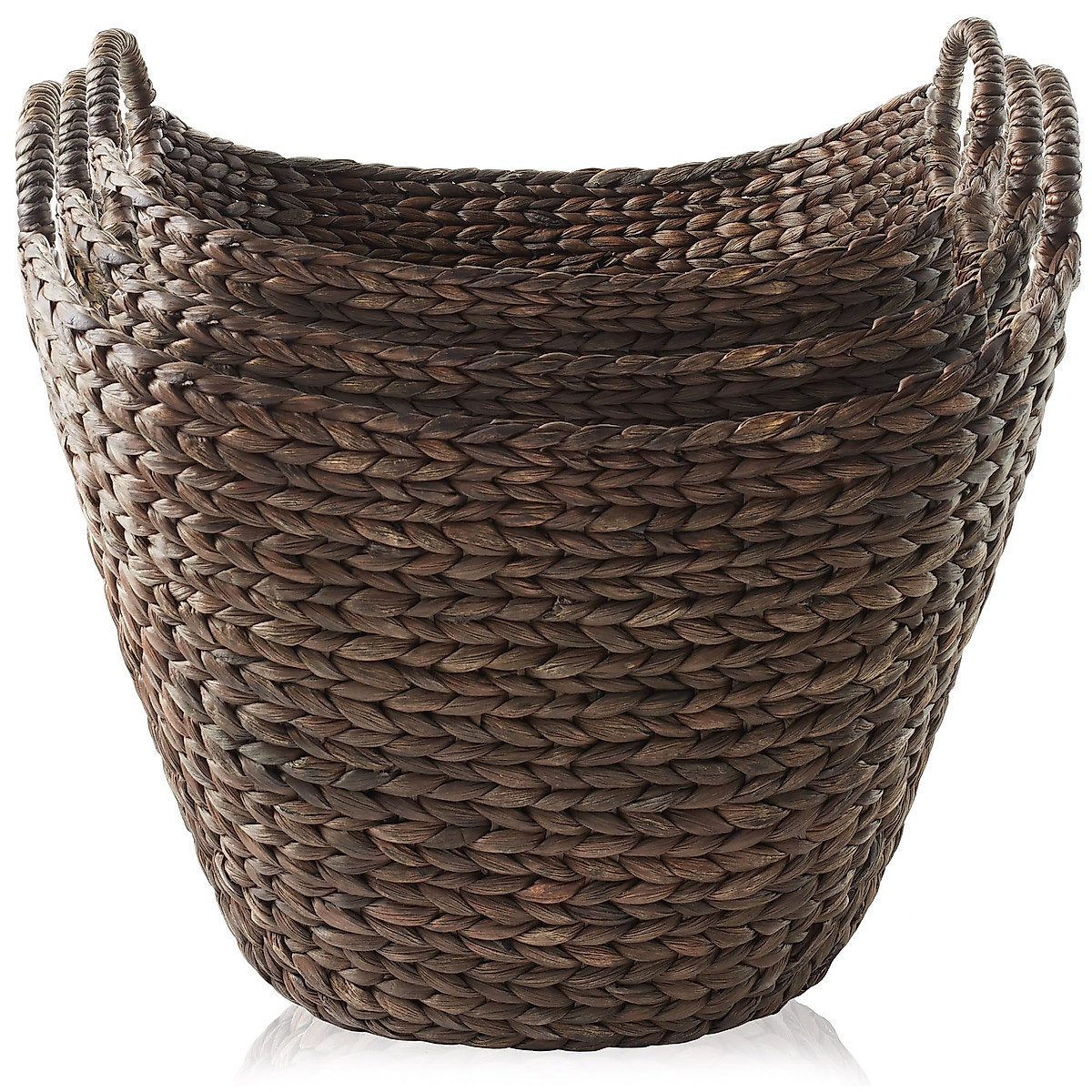 Casafield Set of 3 Multipurpose Boat Baskets with Handles - Espresso, Woven Water Hyacinth Storage Organizers for Throw Blankets, Bedroom, Living Room, Laundry