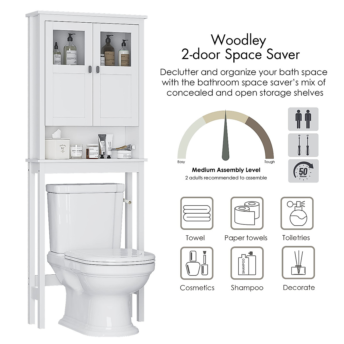 Spirich Bathroom Cabinet Over Toilet, Bathroom Storage Cabinet with Glass Doors and Adjustable Shelves, Over The Toilet Storage Cabinet, White