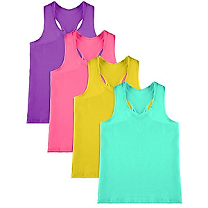 SATINIOR 4 Pieces Girls Dance Tank Tops Racerback Crop Tops Sleeveless Dance Clothes for Girls Gymnastics(7-8 Years,Violet, Red, Green, Lemon Yellow)