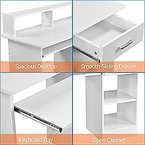 Yaheetech Home Office Wood Computer Desk with Keyboard Tray and Drawers, Students Writing Table with Storage Drawers & Hutch, Modern PC Laptop Desk, Multifunctional Workstation, White