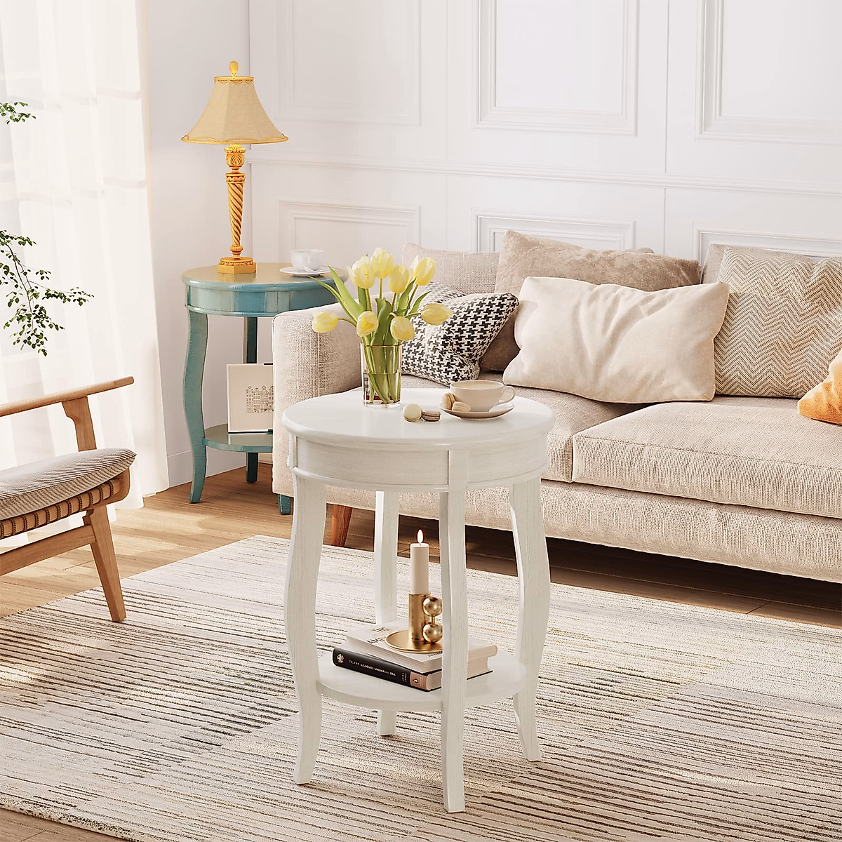 Acme Aberta Round Wooden End Table with Bottom Shelf in Antique White